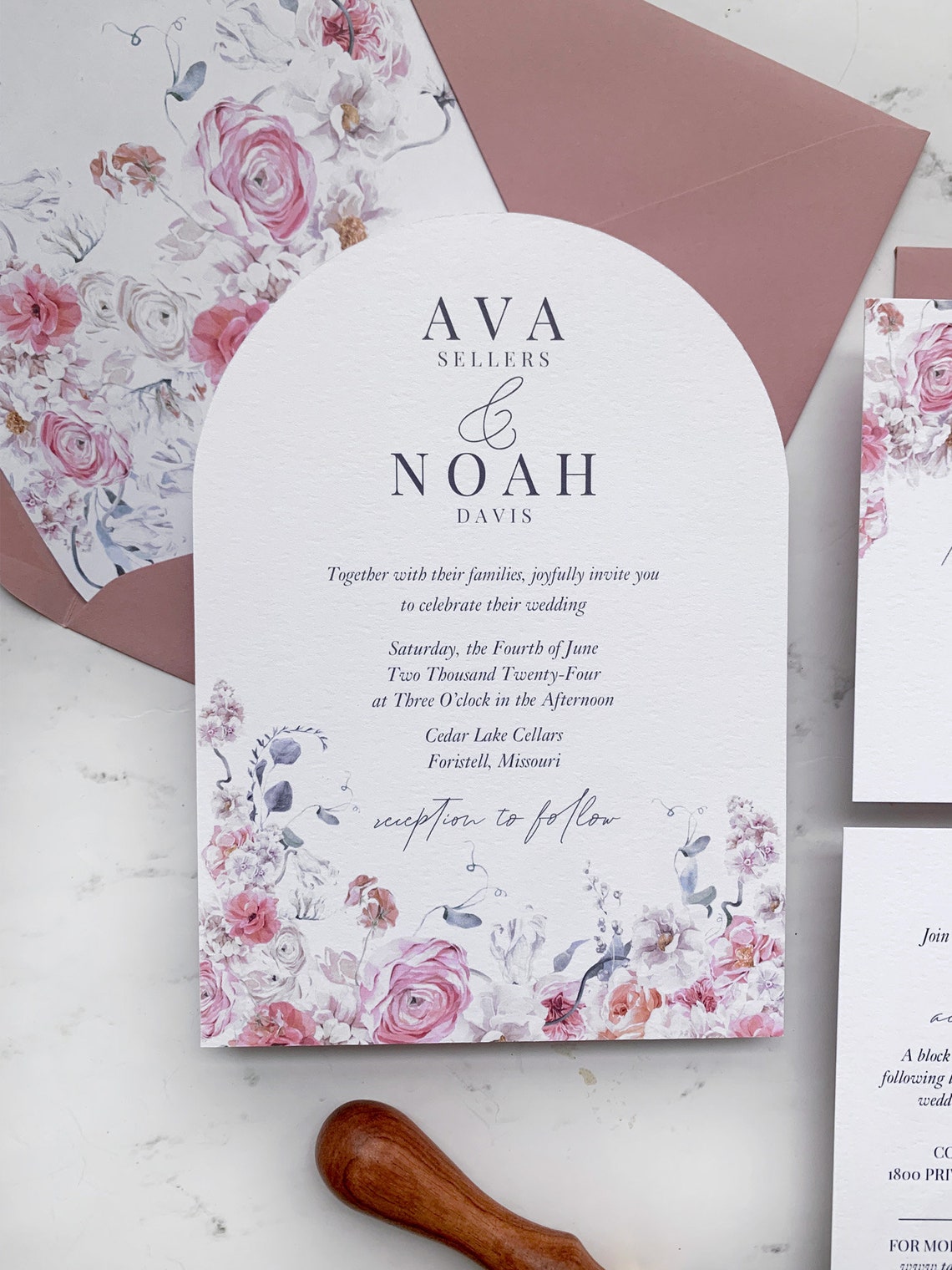 Arch Shaped Dusty Pink Wedding Invitation Suite, Watercolor Flowers and ...