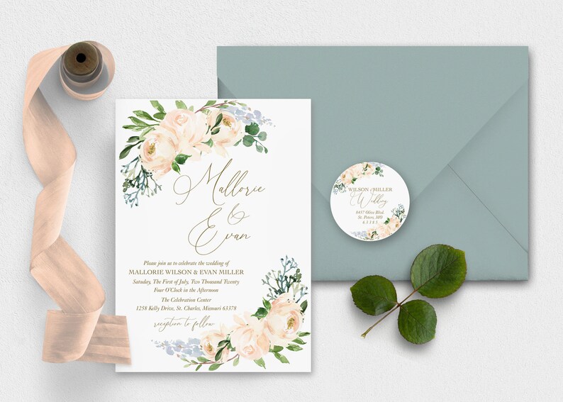 Powder Blue Wedding Invitation Suite, Blush Pink Floral Greenery ...