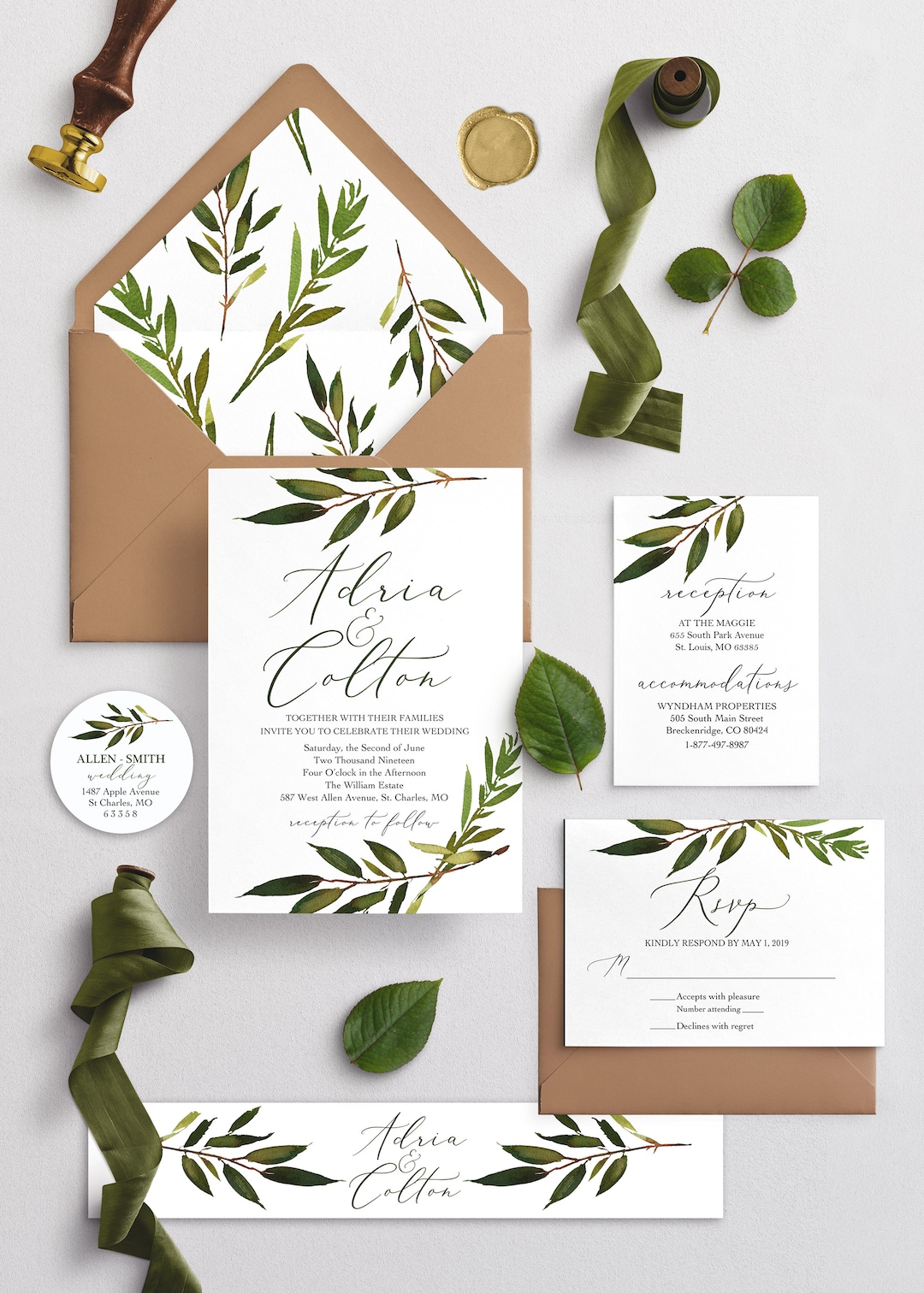 Simple Greenery Wedding Invitation Suite, Watercolor Green Leaves ...