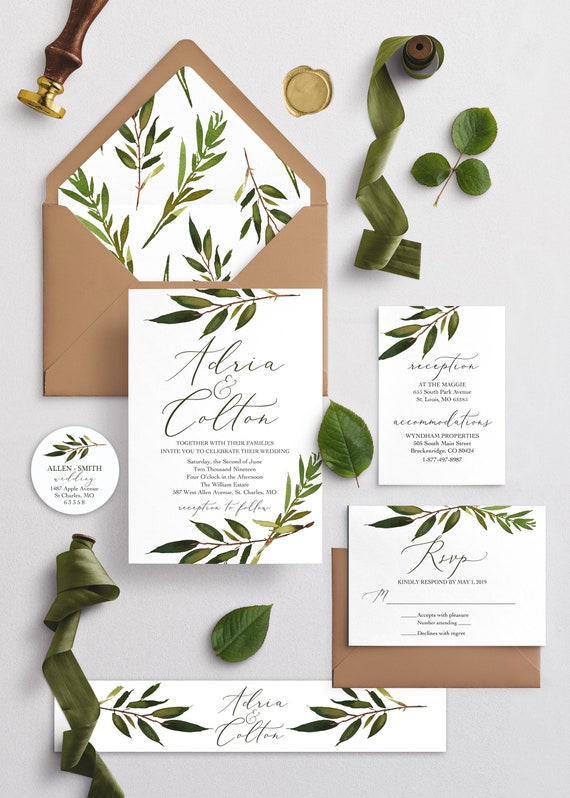Simple Greenery Wedding Invitation Suite Watercolor Green - Etsy