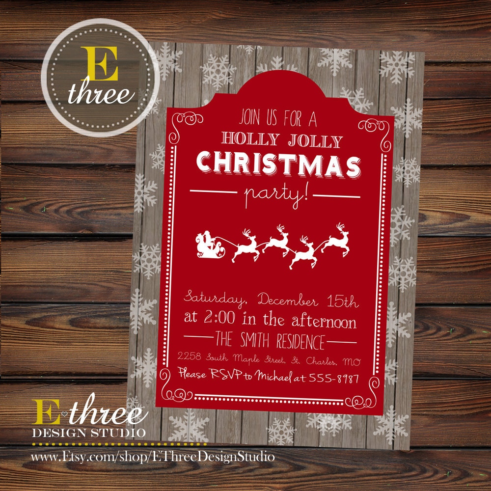 Rustic Christmas Party Invitation - Barn Wood and Snowflakes - Santa ...