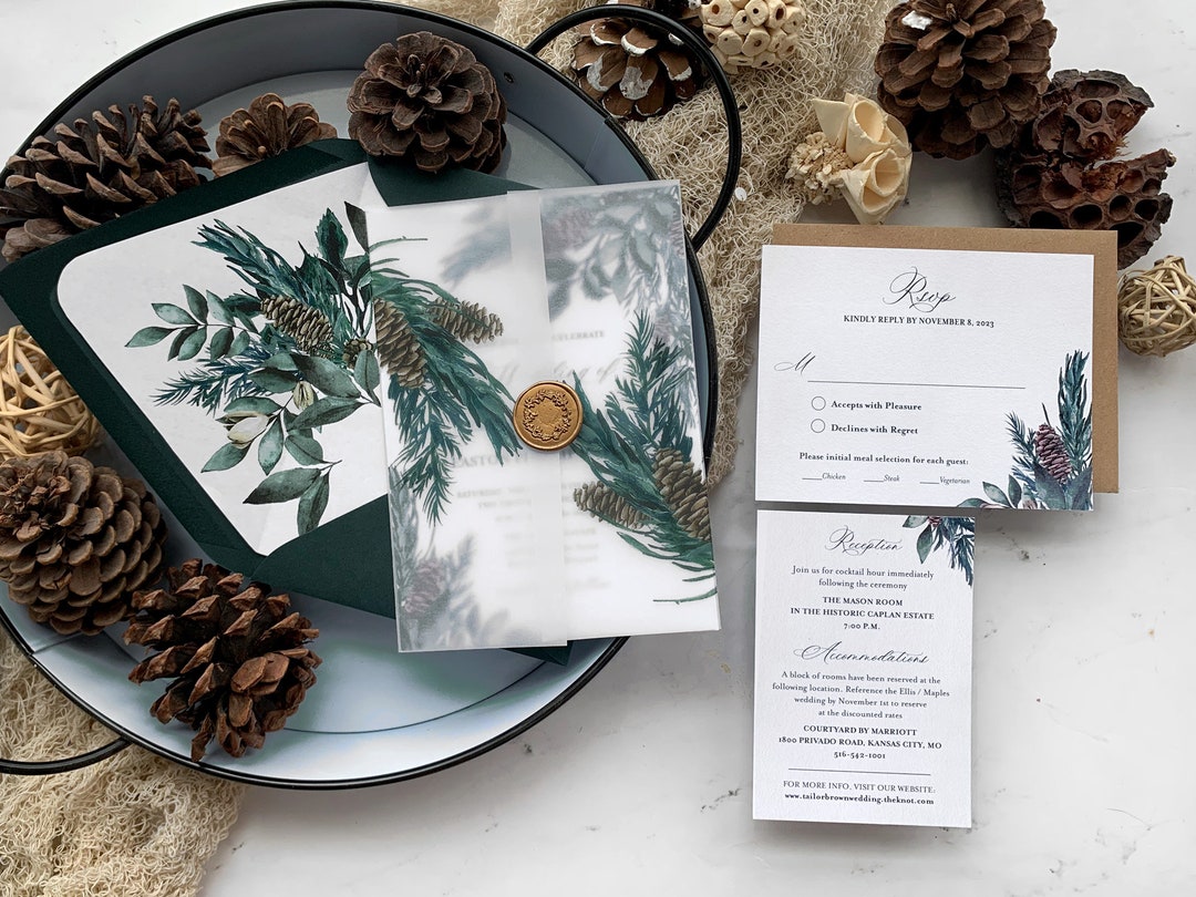 Winter Greenery Wedding Invitation Suite, Pinecone Greenery Christmas ...