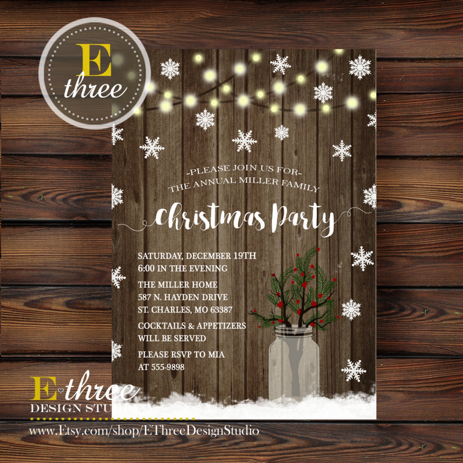 Rustic Christmas Party Invitation - Snow, Wood, String Lights, Foliage ...