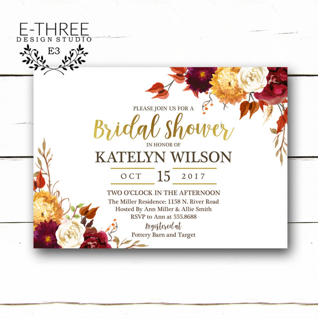 Fall Floral Bridal Shower Invitations - Autumn Wedding Shower With Gold ...
