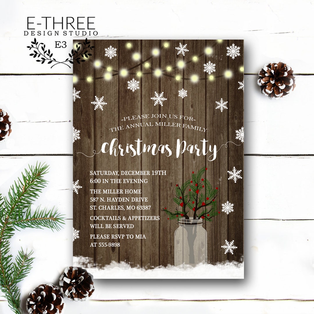 Rustic Christmas Party Invitation - Snow, Wood, String Lights, Foliage ...