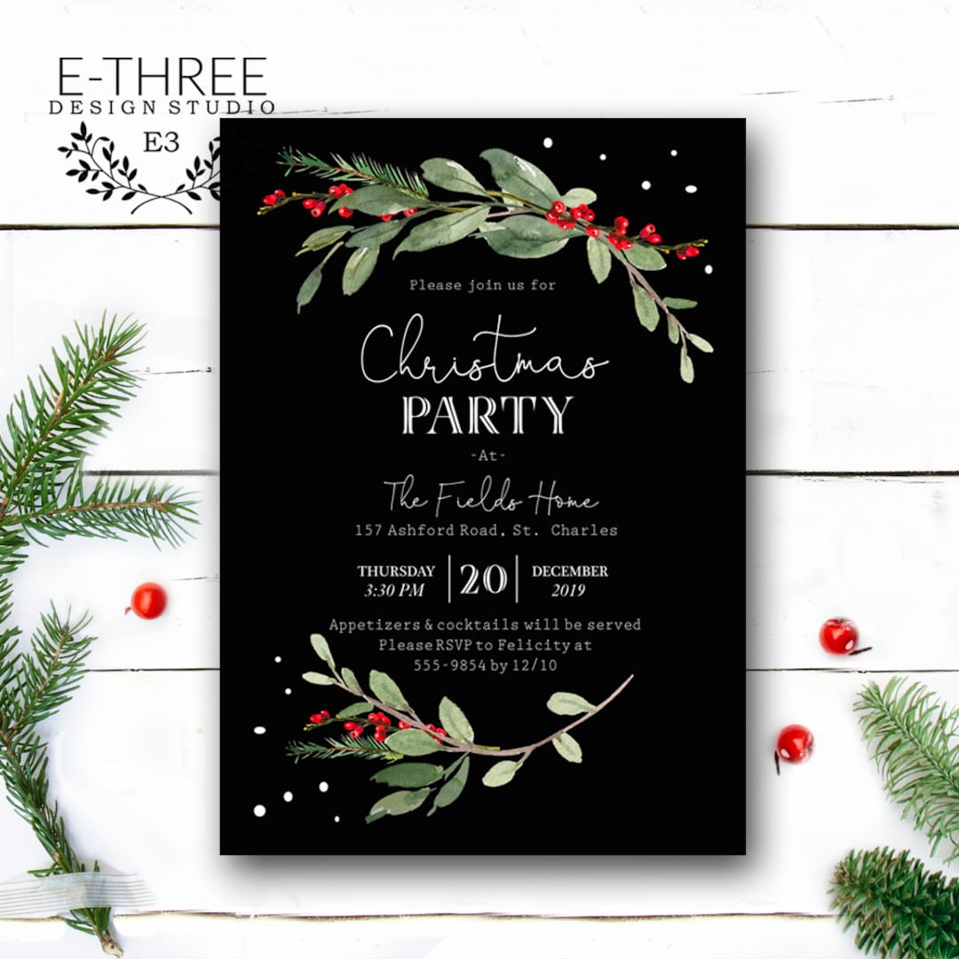 Elegant Greenery Christmas Party Invitation - Corporate Office Holiday ...