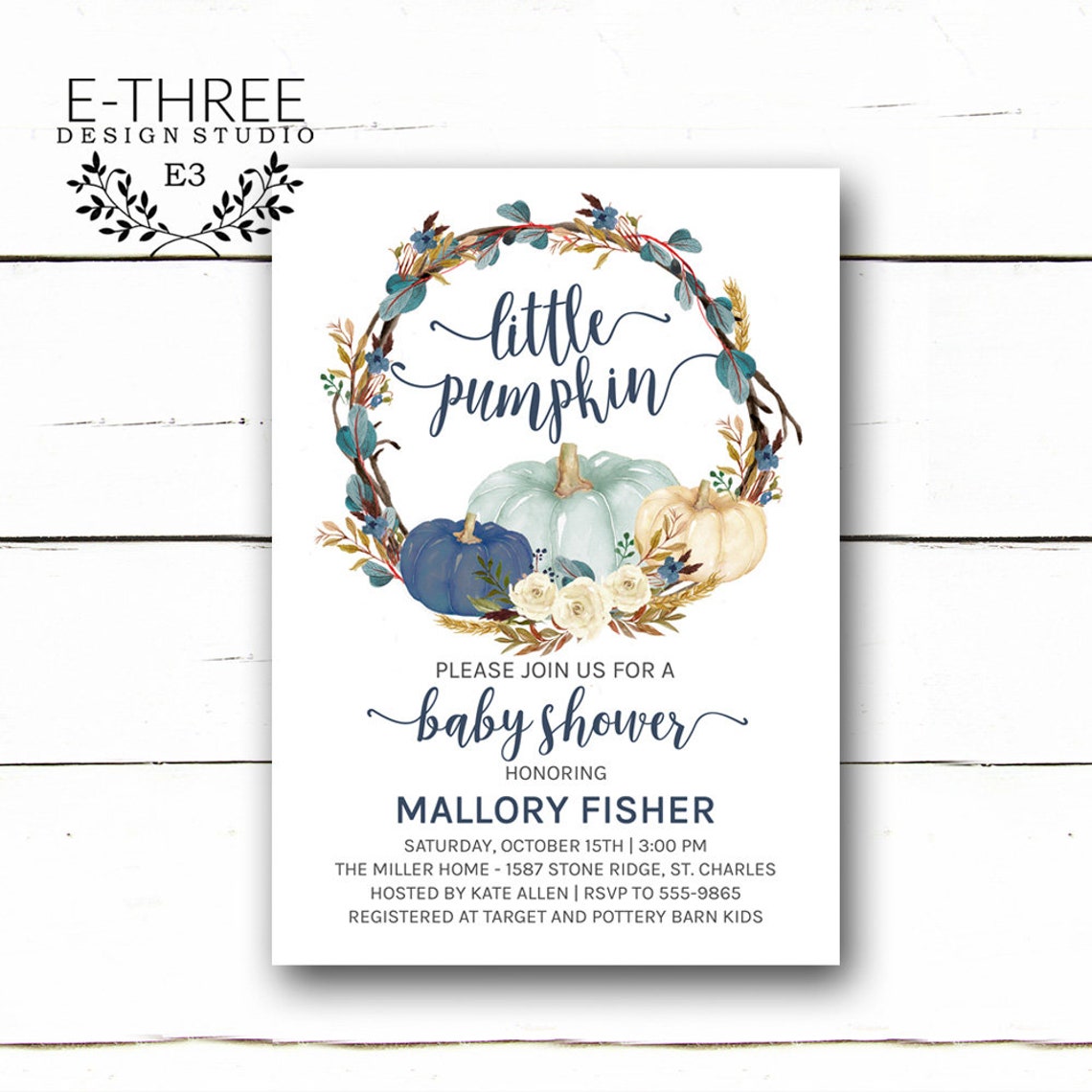 Blue Pumpkin Baby Shower Invitation Fall Boy Baby Shower | Etsy