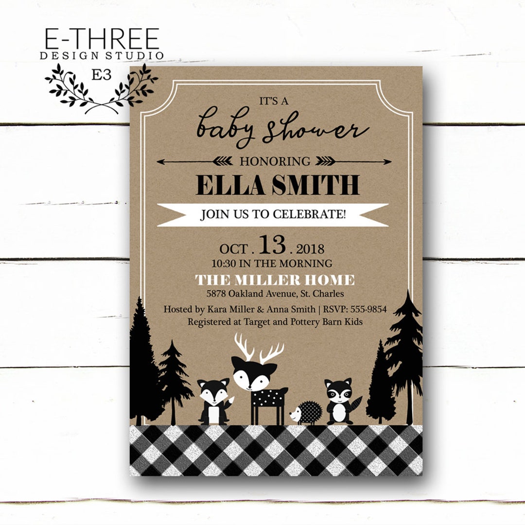 Woodland Animal Baby Shower Invitation - Black and White Plaid ...