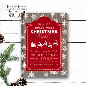 Rustic Christmas Party Invitation - Barn Wood and Snowflakes - Santa ...