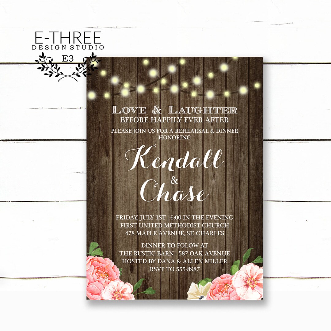 Rustic Rehearsal Dinner Invitation - Wood, Pink Flowers, String Lights ...