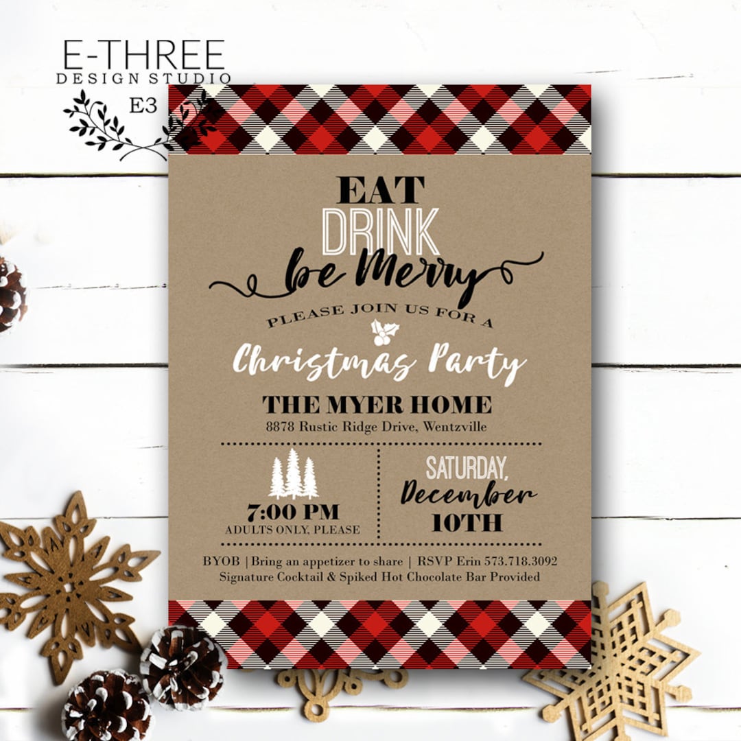 Plaid Christmas Party Invitation - Eat Drink and Be Merry - Rustic - Etsy