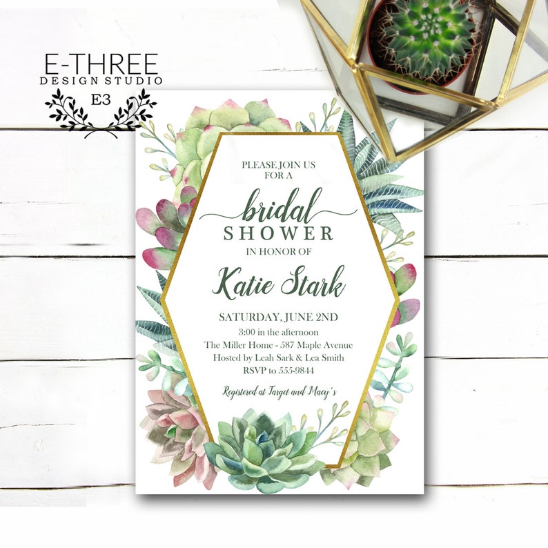 Succulent Bridal Shower Invitation Gold Green Blue - Etsy