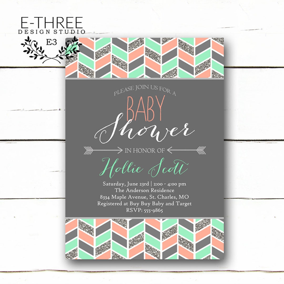 Aztec Girl's Baby Shower Invitation - Tribal Silver Glitter, Coral ...