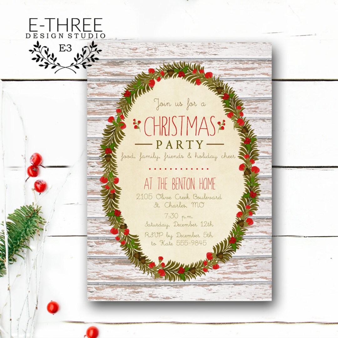 Rustic Wreath Christmas Party Invitation - Shabby Chic Vintage Holiday ...
