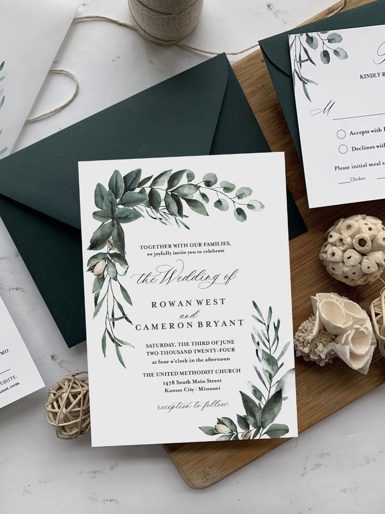 Watercolor Greenery Wedding Invitation Suite, Botanical Greenery ...