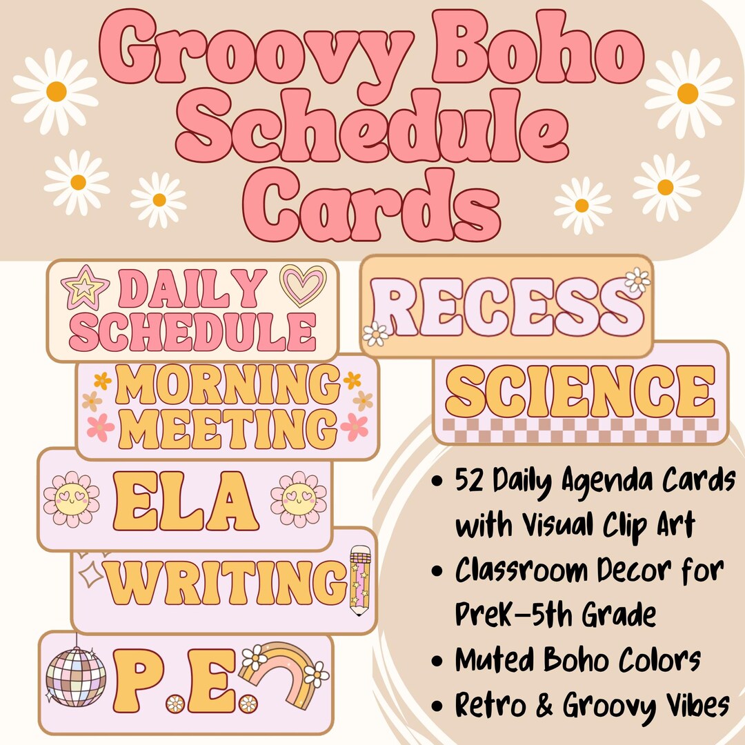Groovy Boho Classroom Schedule Cards | 52 Subject Cards | Daily Agenda ...