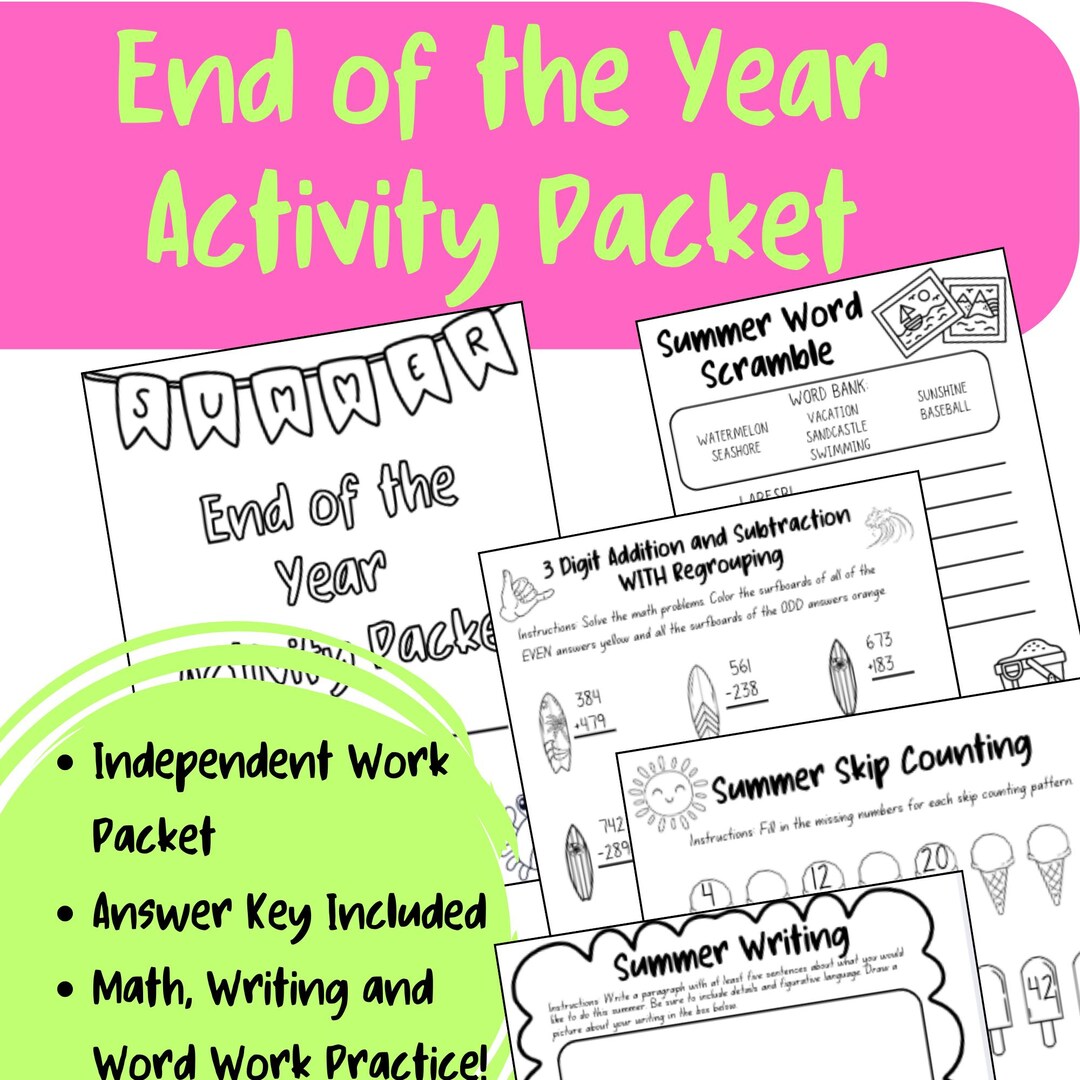 End of the Year Activity Packet- Fun Printable Worksheets for 2nd–3rd ...