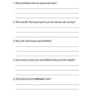 Matilda Reading Comprehension Questions by Roald Dahl Novel Study ...