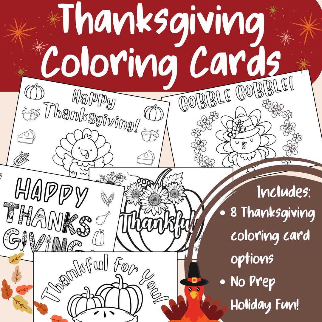Thanksgiving Coloring Cards | 8 Printable Cards for Kids - Etsy