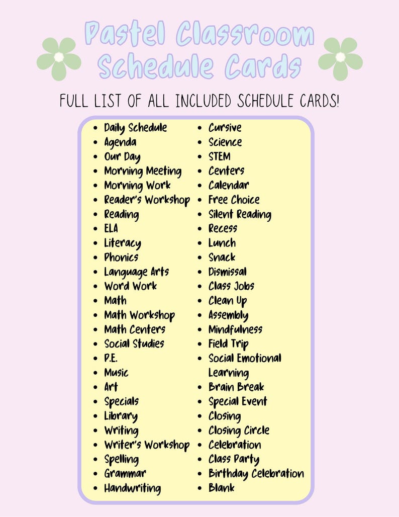 Pastel Daily Schedule Cards | Visual Classroom Agenda Decor | 52 ...