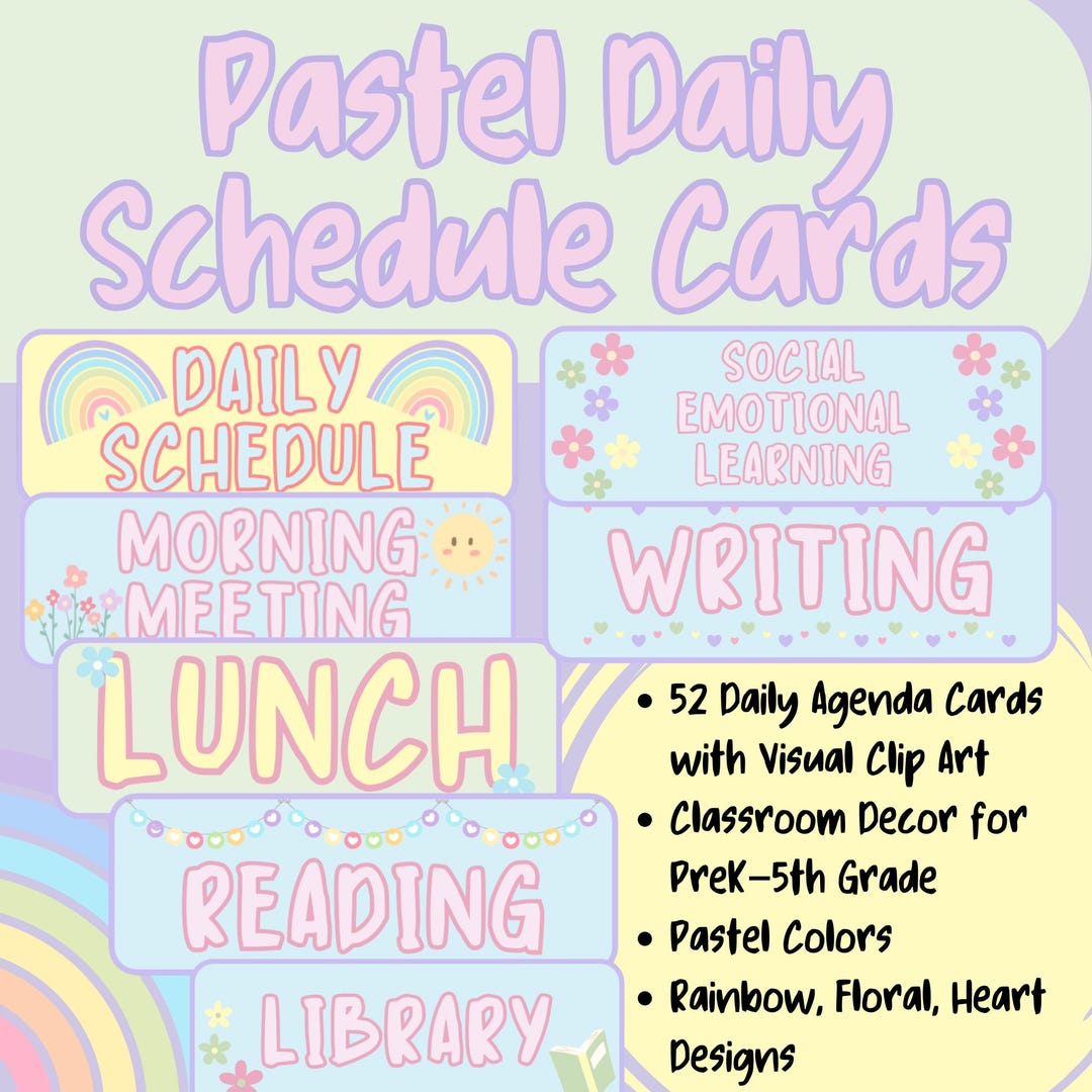 Pastel Daily Schedule Cards | Visual Classroom Agenda Decor | 52 ...