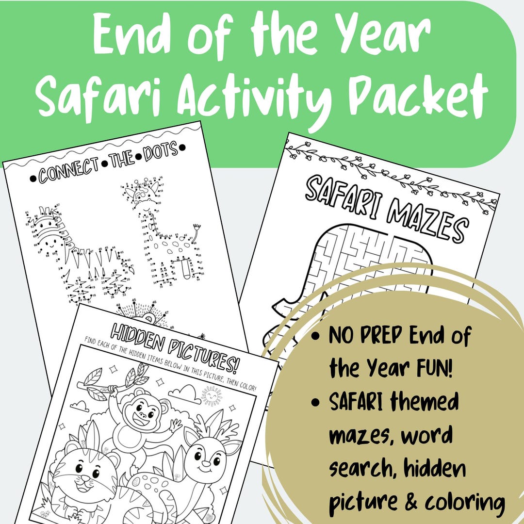 End of the Year Safari Activity Packet- Word Search, Mazes, Coloring ...