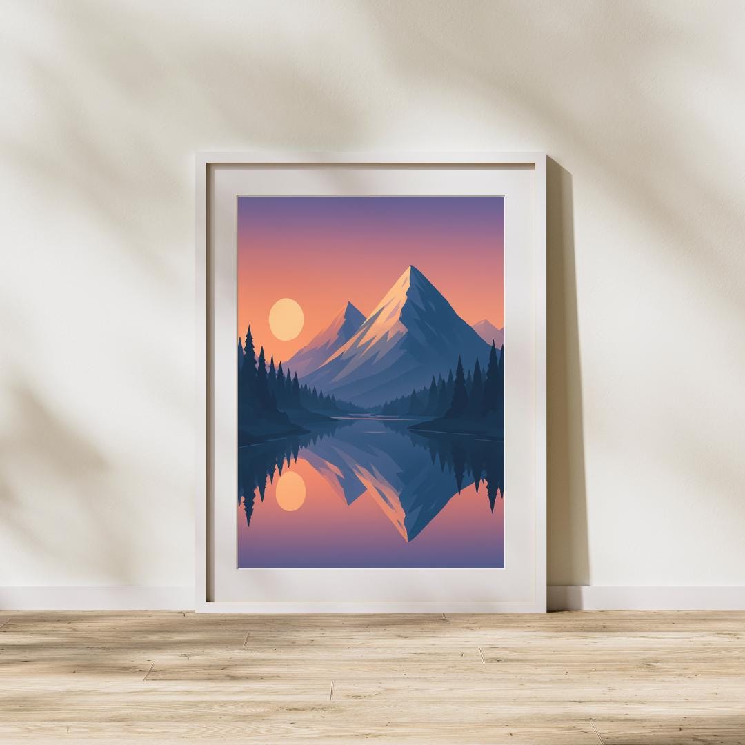 Sunset Mountain Reflections – Minimalist Nature Landscape Wall Art ...