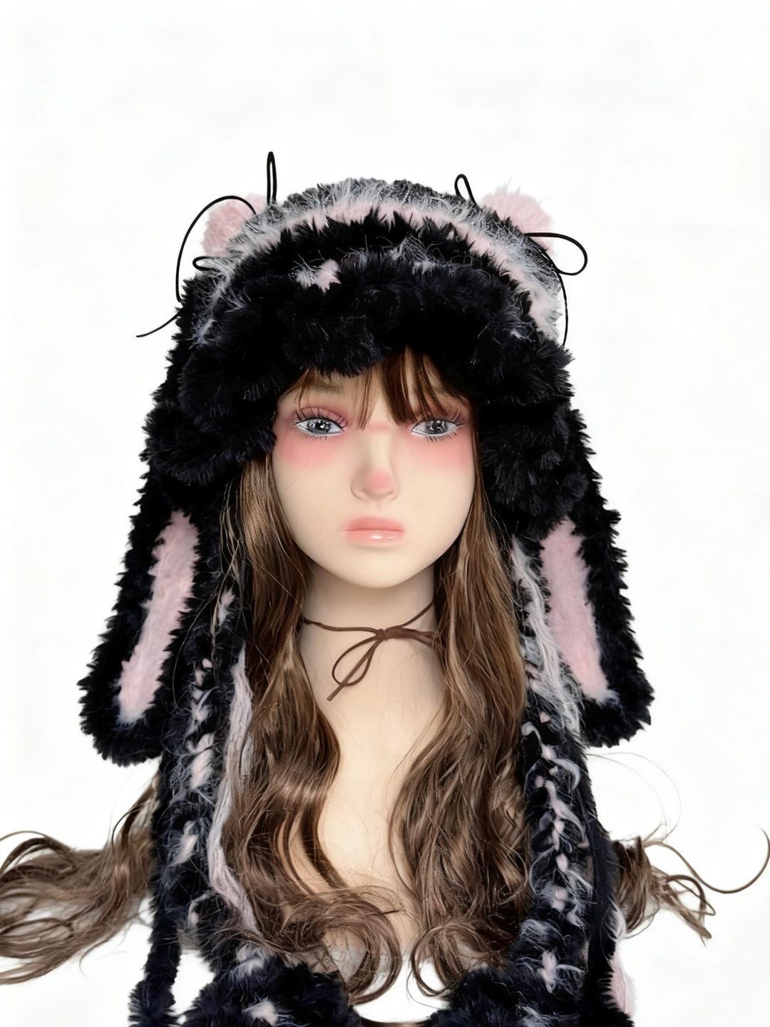 Black & Pink Bunny Ears Hood – Handmade Fuzzy Winter Hat - Etsy