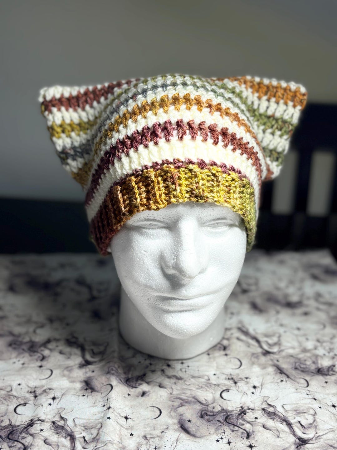 Crochet Striped Cat Ear Beanies With Ribbing - Etsy