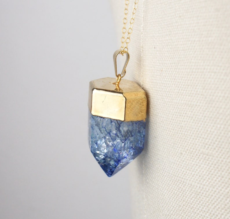 Blue Crackle Crystal Quartz Pendant Necklace, Electroplated With 24K ...