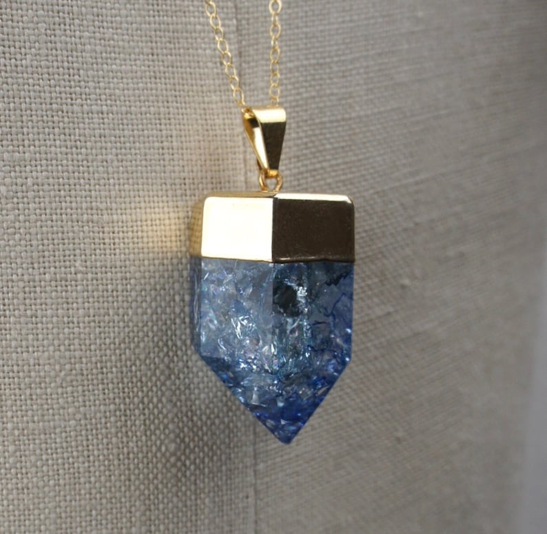 Blue Crackle Crystal Quartz Pendant Necklace, Electroplated With 24K ...