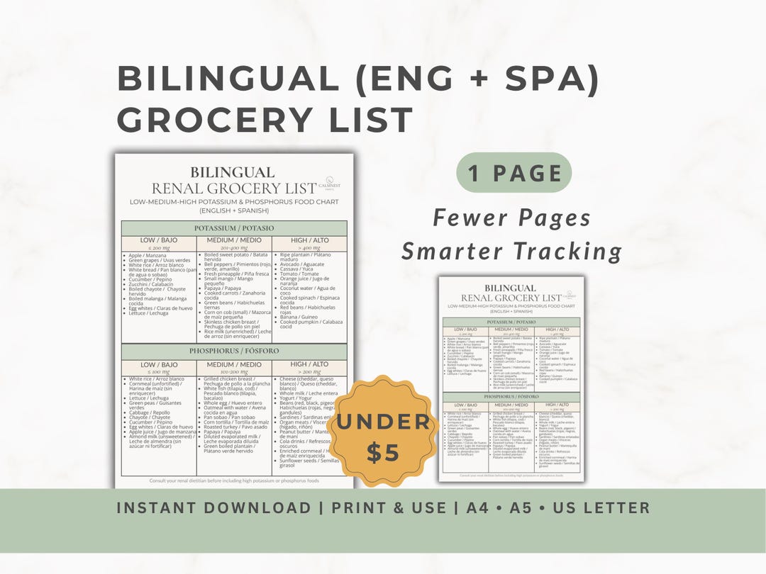 Bilingual Kidney Diet Grocery List | Potassium & Phosphorus Food Chart ...