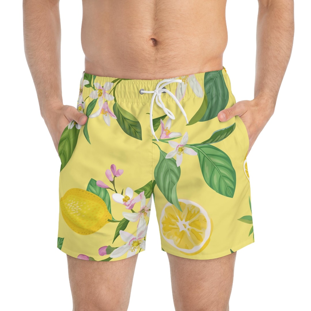 Sunny Lemon Print Swim Trunks, Beachwear, Summer Swim Shorts, Tropical ...