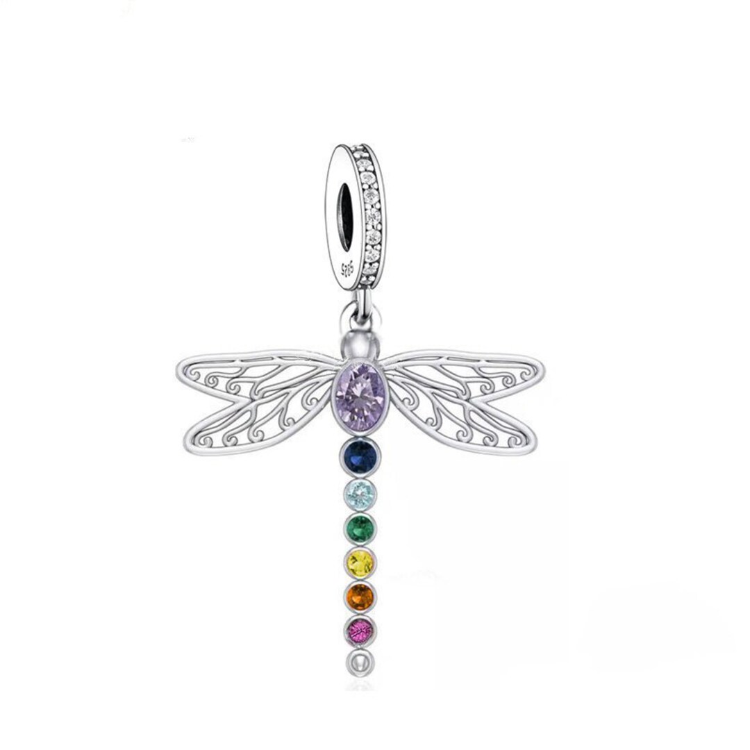 Dragonfly With Rainbow Colorful Tail Charm, 925 Sterling Silver Charms ...