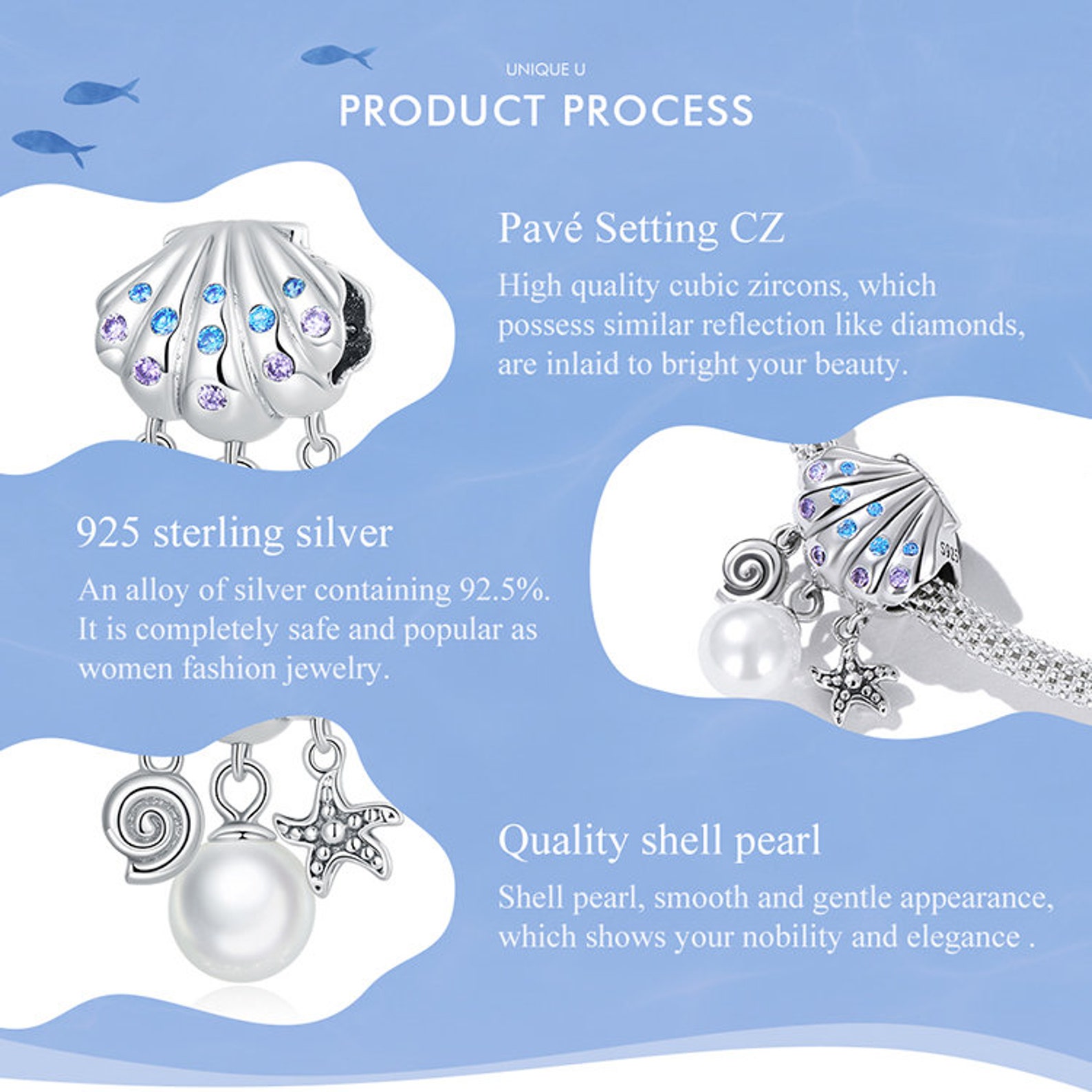 Ocean Series Pave CZ Shell Pearl Starfish Dangle Charm, 925 Sterling ...