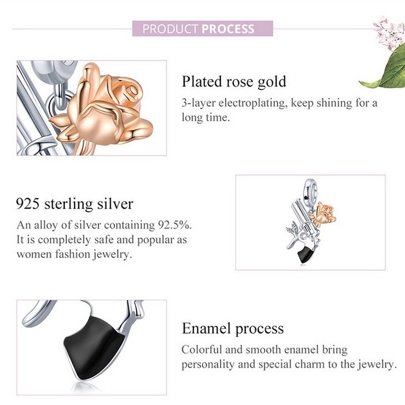 Rose and Pistol Cowboy Pendant Charm,925 Sterling Silver Charms,charms ...