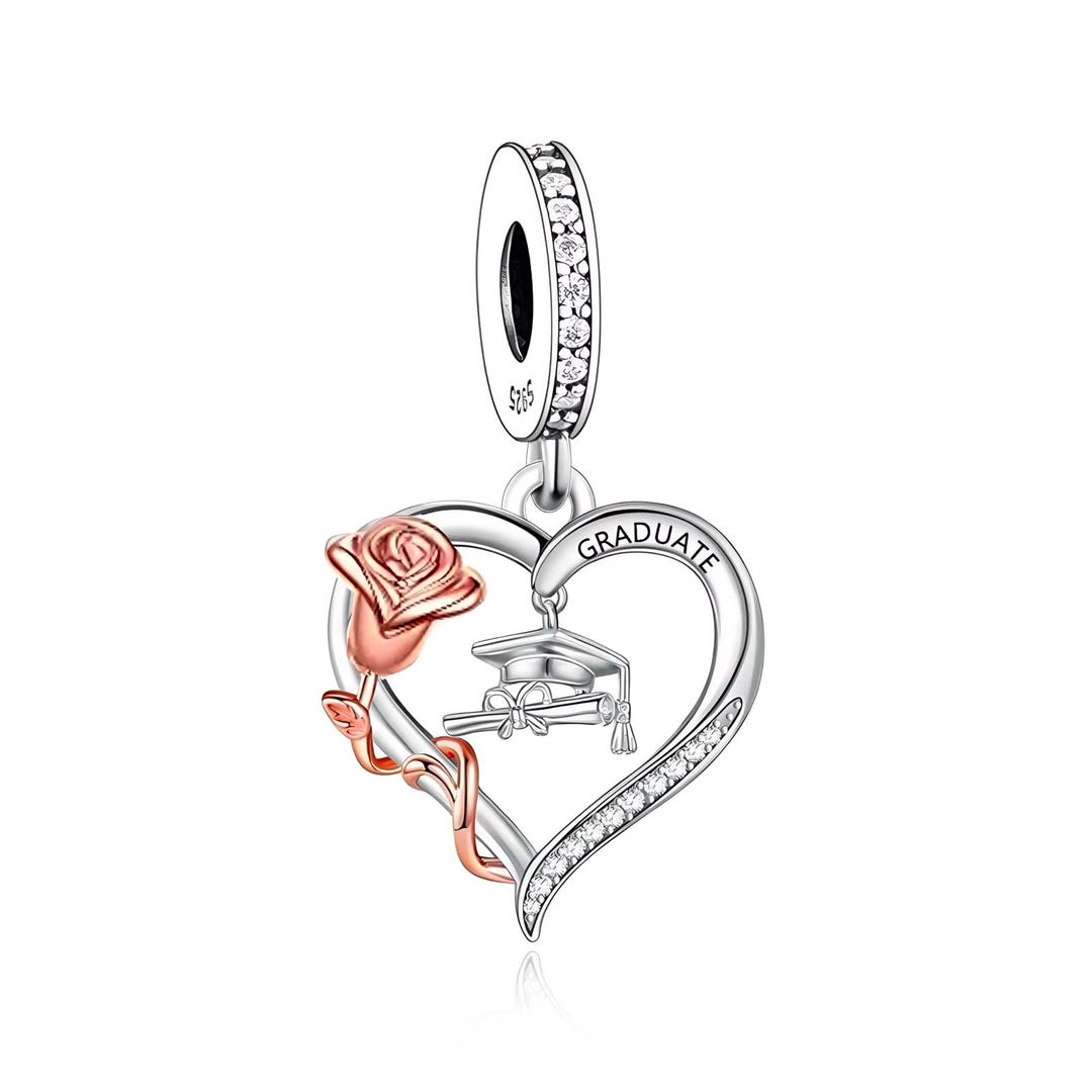 Graduate Hat and Diploma Rose Flower Charm, Charms for Pandora Bracelet, 925 Sterling Silver ...