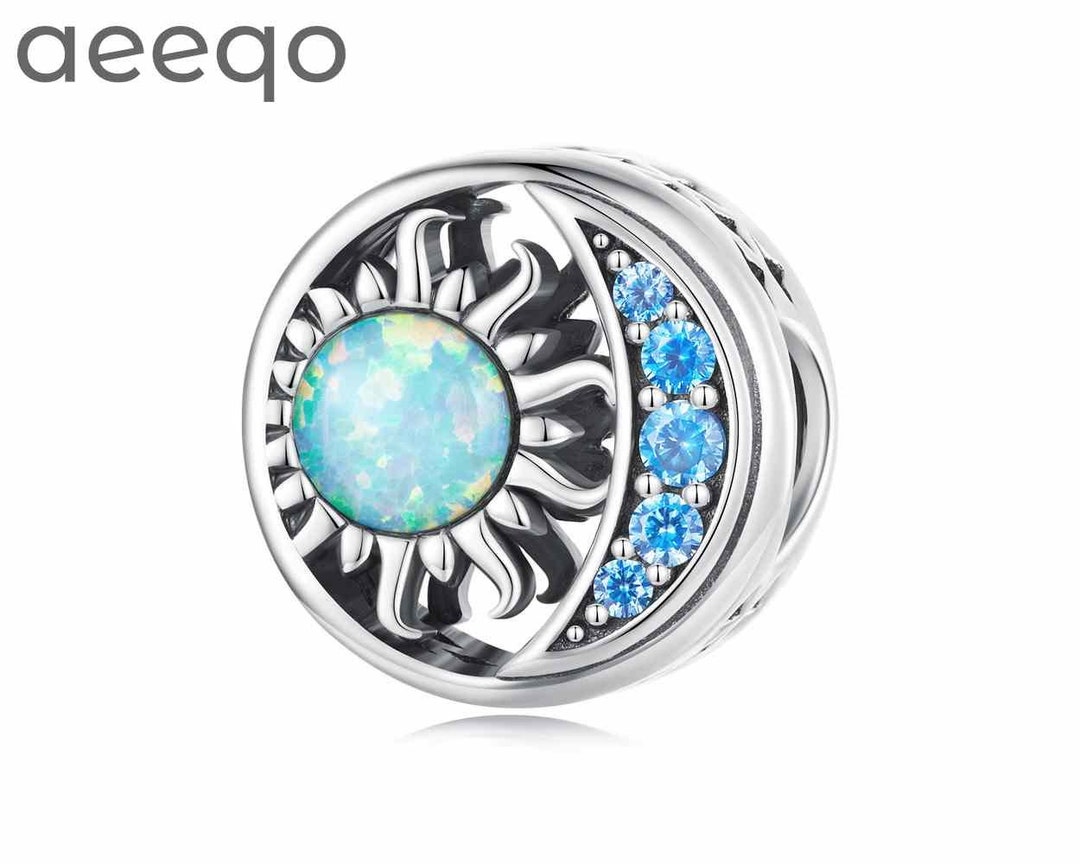 Sun & Moon Opal Bead Blue Zircon Charm, 925 Sterling Silver Charms, Fit ...