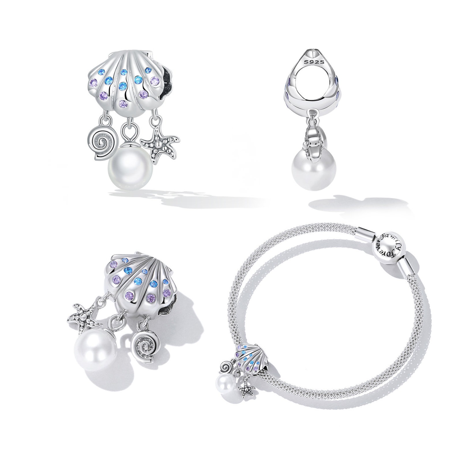 Ocean Series Pave CZ Shell Pearl Starfish Dangle Charm, 925 Sterling ...