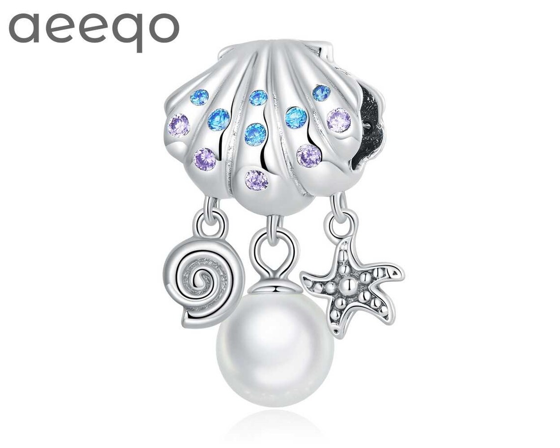 Ocean Series Pave CZ Shell Pearl Starfish Dangle Charm, 925 Sterling ...