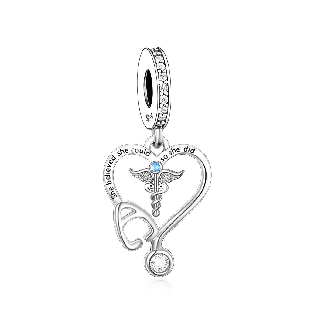 Doctor Stethoscope Heart Caduceus Angel Wings Charm, 925 Sterling ...
