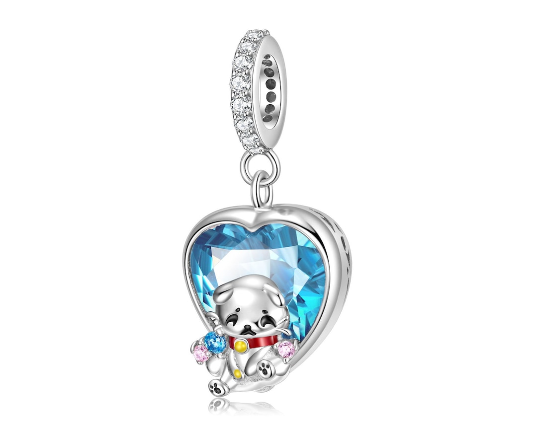 Sad Cat Blue Crystal Love Heart Pendant Charm,925 Sterling Silver ...