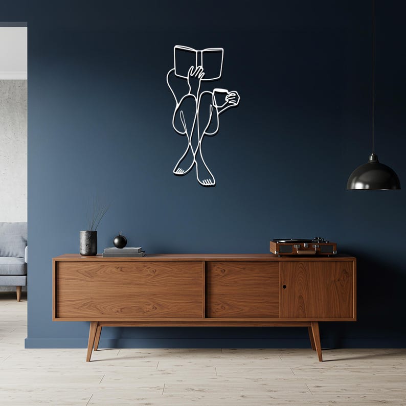 Iron Reading Figure Wall Art: Minimalist Book and Coffee Line Art - Etsy