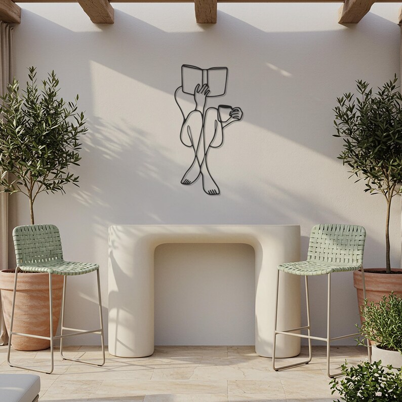 Iron Reading Figure Wall Art: Minimalist Book and Coffee Line Art - Etsy