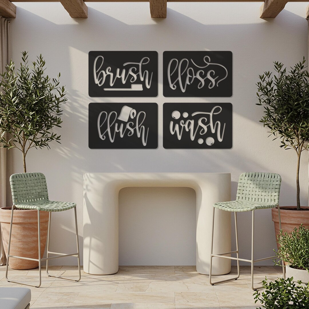 Metal Bathroom Word Art – Brush, Floss, Flush, Wash – 4-piece ...