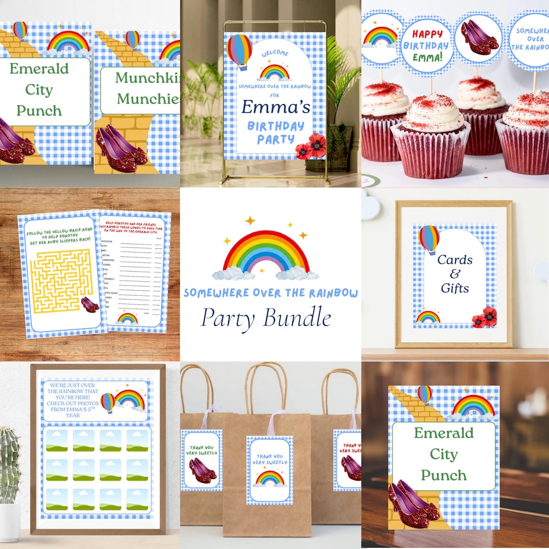 Somewhere Over the Rainbow Party Decor Bundle – Rainbow Theme Editable ...