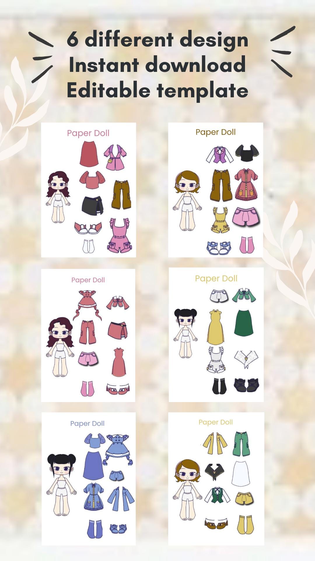 Printable Paper Doll Set | 6 Different Designs | Instant Download ...