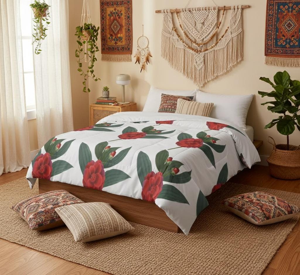Red Floral Microfiber Comforter, Lightweight Bedding - Etsy