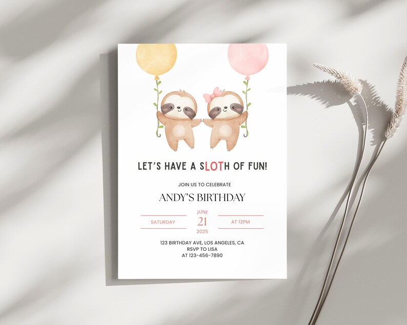Editable Sloth Birthday Invitation, Let’s Have a Sloth of Fun, Cute ...