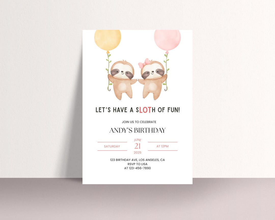 Editable Sloth Birthday Invitation, Let’s Have a Sloth of Fun, Cute ...